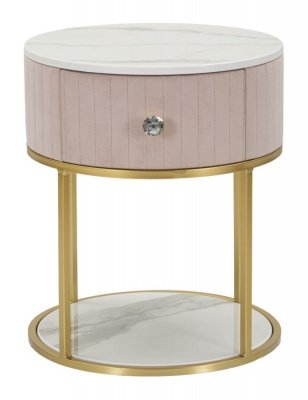 Comodino Chic Rotondo Rosa e Oro con Cassetto Strass