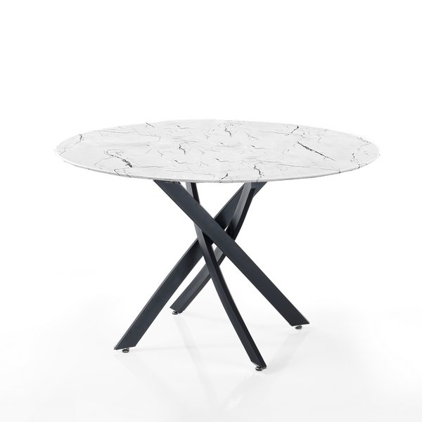 Tavolo Rotondo con Piedi Incrociati Acciaio e Piana Effetto Marmo Bianco