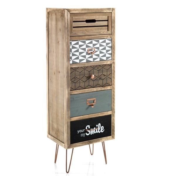 Cassettiera Vintage 4 Cassetti Colorati in Legno con Ruote